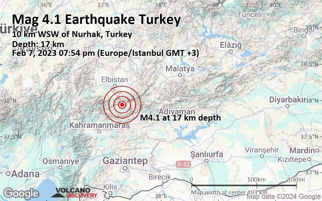 Moderate Mag. 4.1 Earthquake - 10 km WSW of Nurhak, Turkey, on Tuesday ...