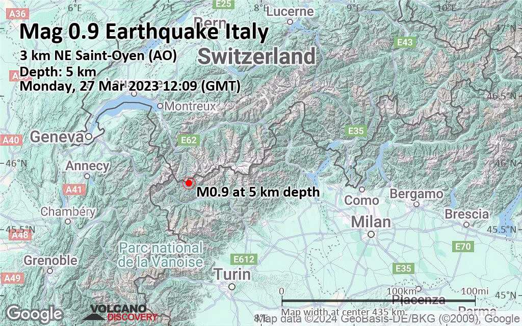 Séisme mineur mag. 0.9 - 3 km NE Saint-Oyen (AO), lundi, 27 mars 2023 ...