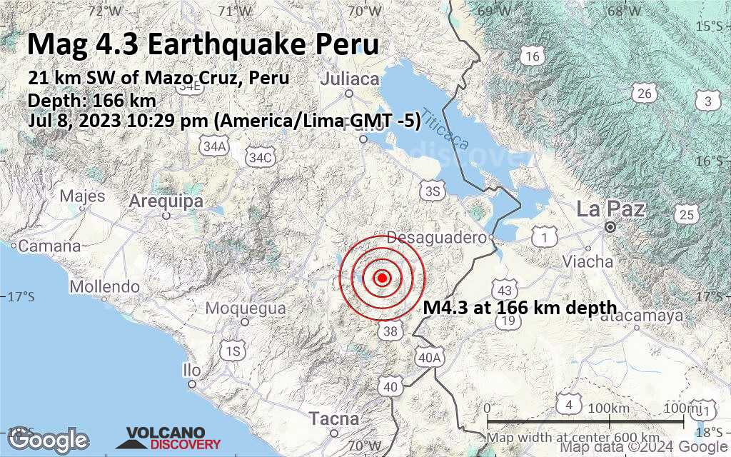 Moderates Erdbeben der Stärke 4.3 - 115 km südlich von Puno, Puno, Peru ...