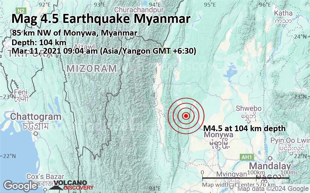 Moderate Mag. 4.5 Earthquake - 85 km NW of Monywa, Myanmar, on Thursday ...