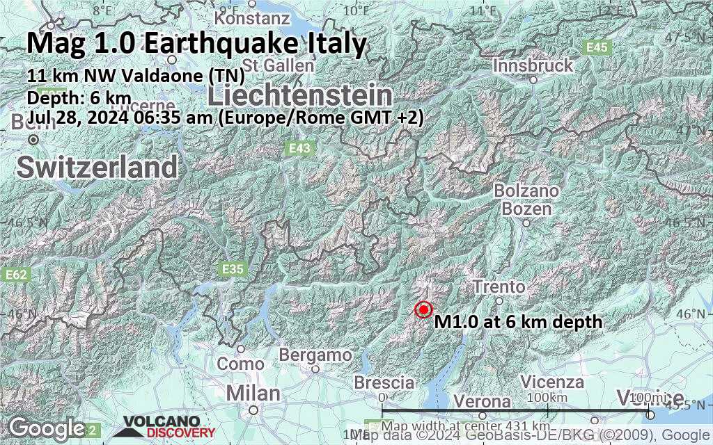 Minor Mag. 1.0 Earthquake - 11 km NW Valdaone (TN) on Sunday, Jul 28 ...