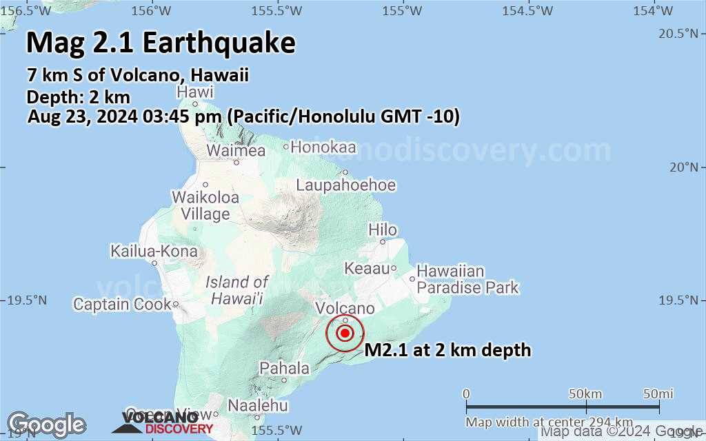 Schwaches Erdbeben Stärke 2.1 - 42 km südlich von Hilo, Hawaii County ...