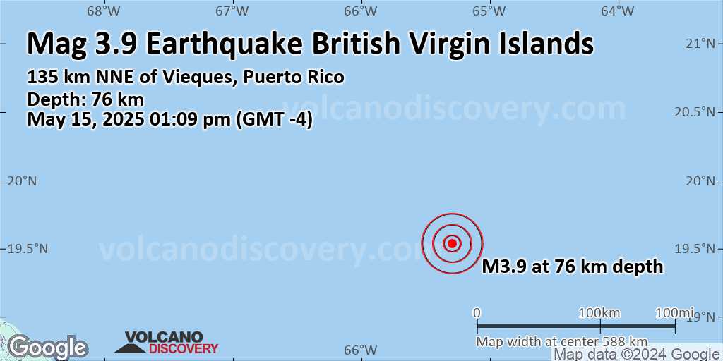 Light Mag. 3.9 Earthquake - 135 km NNE of Vieques, Puerto Rico, on ...