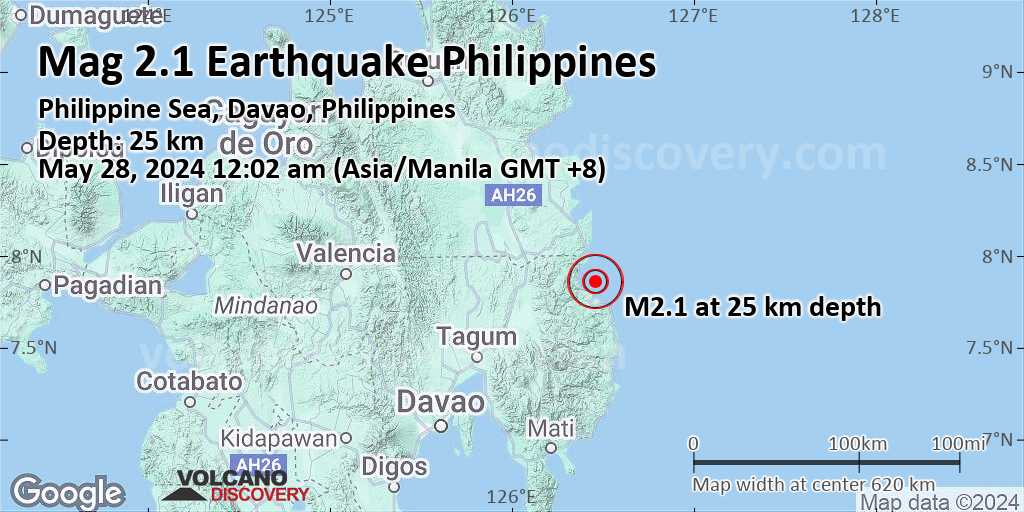 Weak Mag. 2.1 Earthquake - Philippine Sea, 45 km East of Monkayo, Davao ...