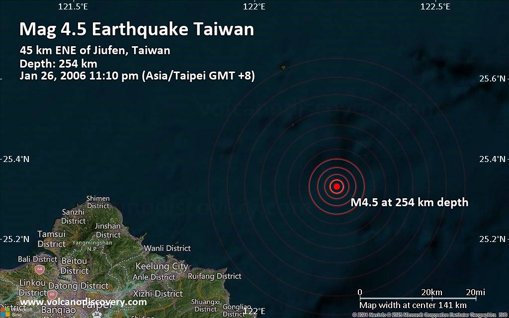 Moderate Mag. 4.5 Earthquake - 45 km ENE of Jiufen, Taiwan, on Thursday ...