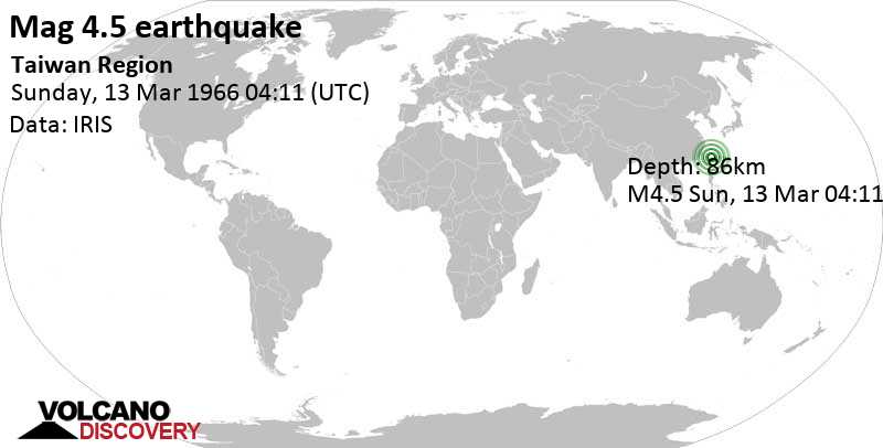 Moderate Mag. 4.5 Earthquake - Taiwan Region on Sunday, Mar 13, 1966 ...