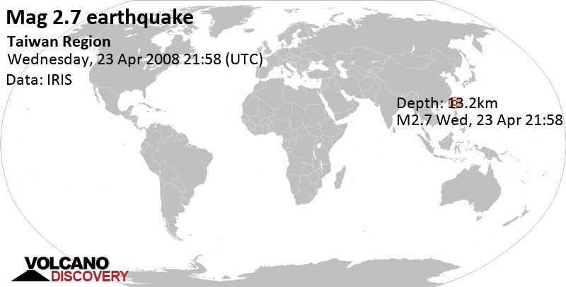 Weak Mag. 2.7 Earthquake - Taiwan Region on Wednesday, Apr 23, 2008, at ...