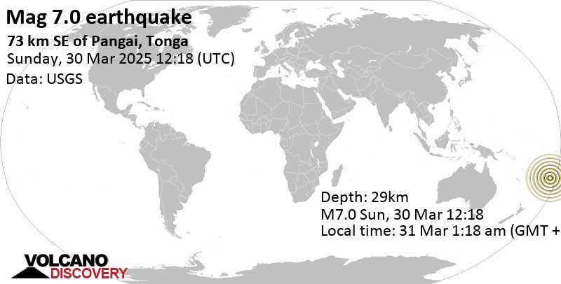 Major Magnitude 7.0 Earthquake - 73 km SE of Pangai, Tonga, on Monday ...
