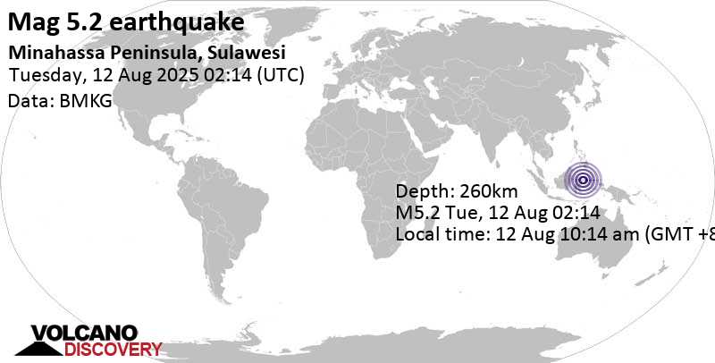 Strong Mag. 5.2 Earthquake - Minahassa Peninsula, Sulawesi, on Tuesday ...