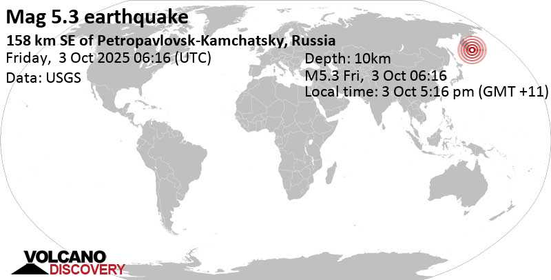 Strong Mag. 5.3 Earthquake - 158 km SE of Petropavlovsk-Kamchatsky ...