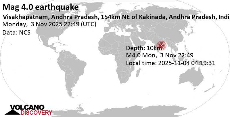 Moderate Mag. 4.0 Earthquake - Vishakhapatnam, 86 km East of ...