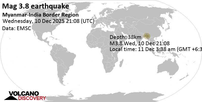 Leichtes Erdbeben der Stärke 3.8 - Myanmar-India Border Region am ...