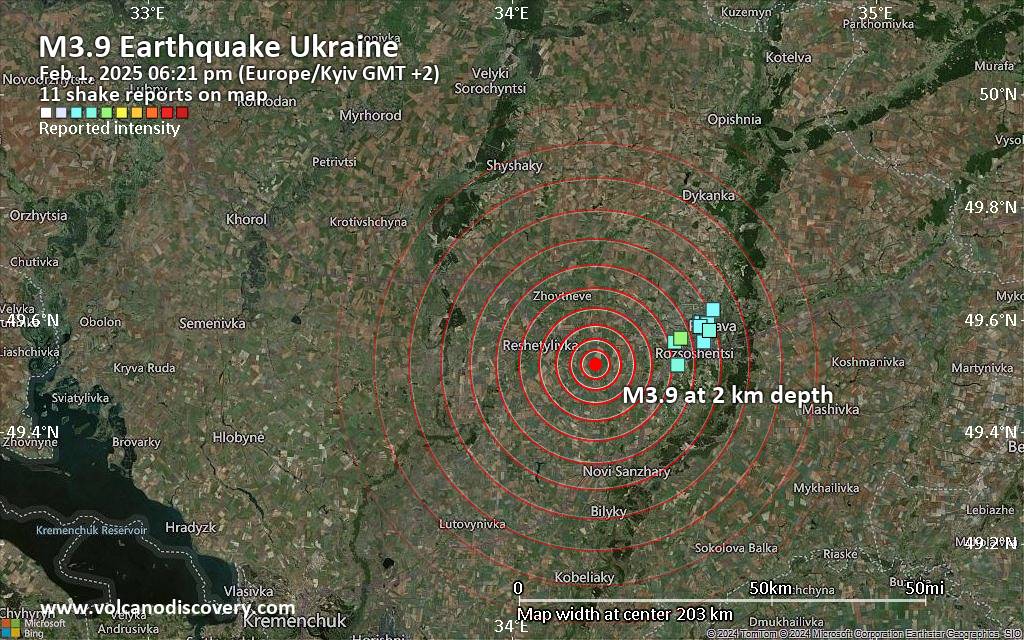 Light Mag. 3.9 Earthquake - 25 km West of Poltava, Poltava Oblast, Ukraine, on Saturday, Feb 1 ...
