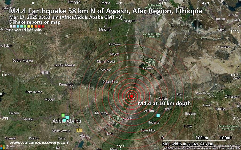 Moderate Mag. 4.7 Earthquake - 46 km North of Awash, Afar Region ...