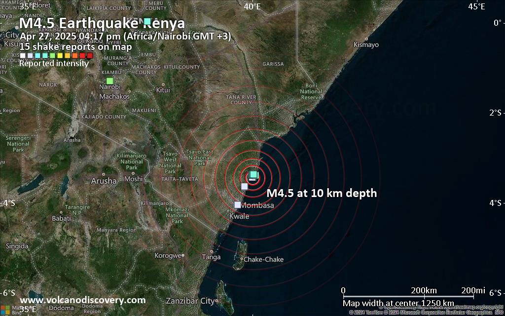 Moderate Mag. 4.5 Earthquake - Indian Ocean, 27 km Northeast of Kilifi ...