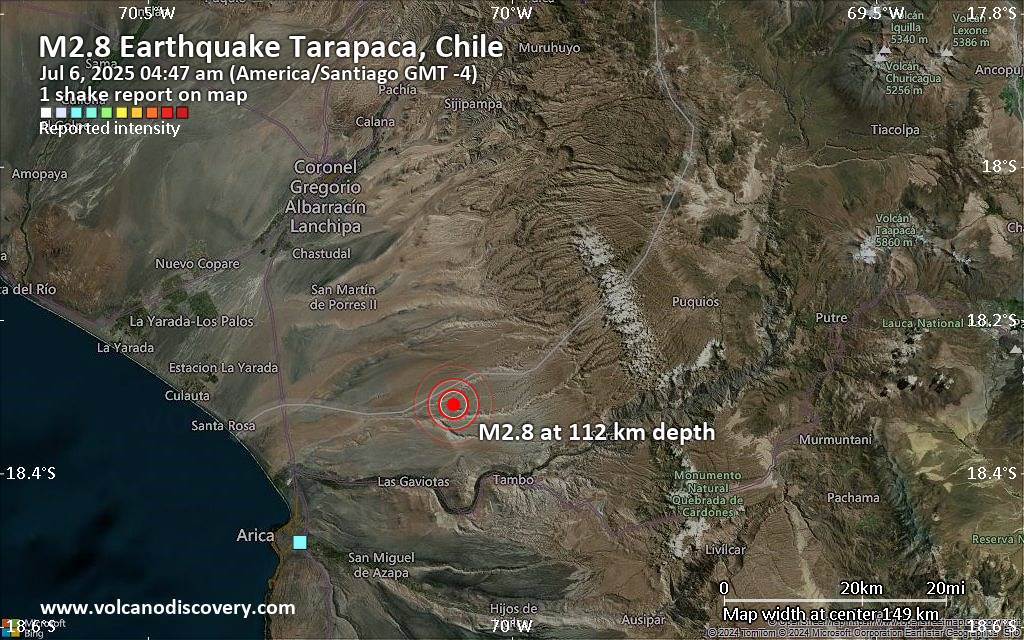 Weak Mag. 2.8 Earthquake - Tarapaca, Chile, on Sunday, Jul 6, 2025, at ...