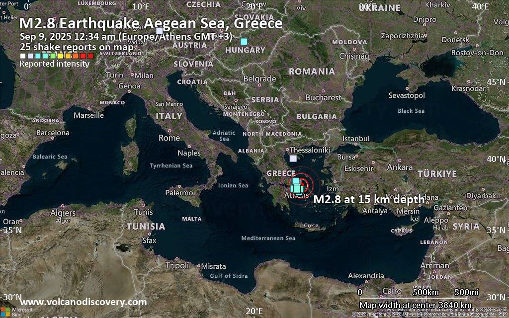 Sismo débil mag. 2.8 - Mar Egeo, 41 km al noreste de Atenas, Nomarchia ...