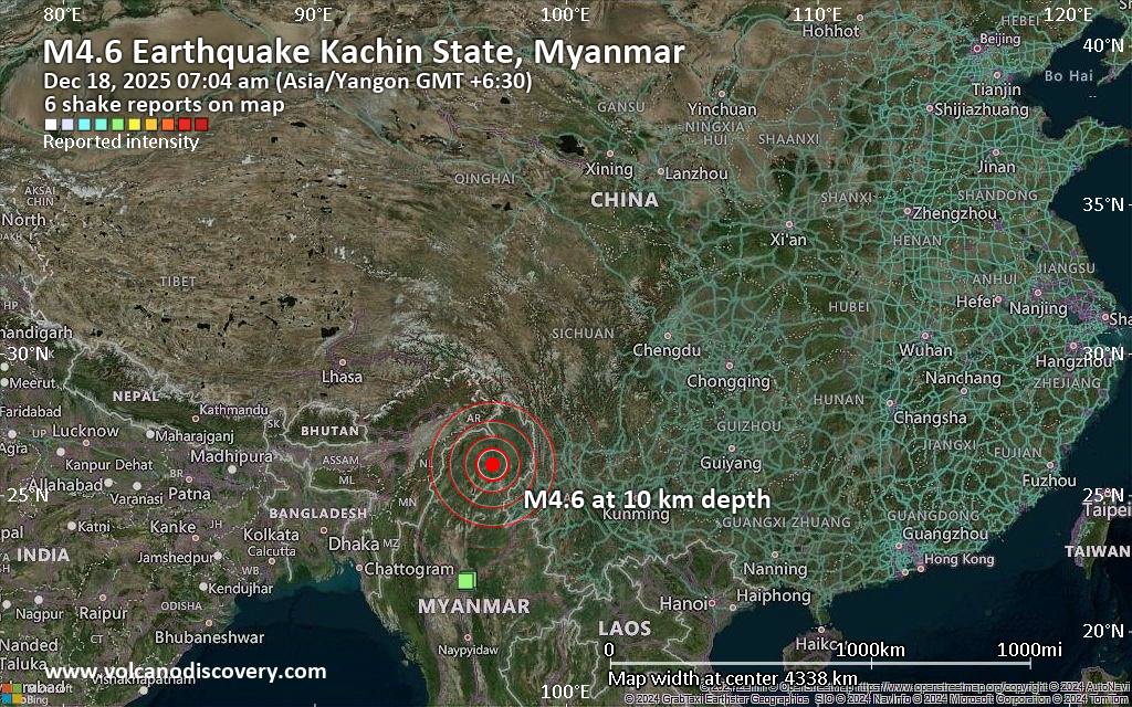 Moderate Mag. 4.6 Earthquake - 47 km Southeast of Tanai, Kachin State ...