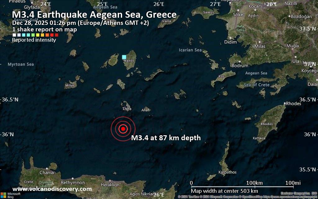 Light Mag. 3.4 Earthquake - Aegean Sea, 37 km South of Santorini Island ...