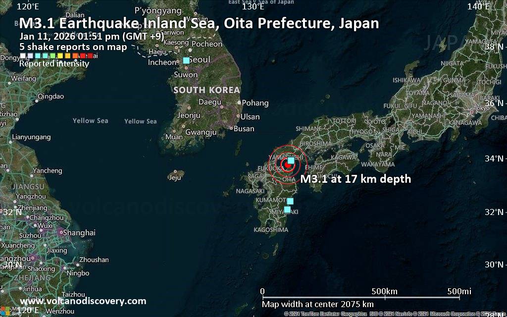 Light Mag. 3.1 Earthquake - Inland Sea, 36 km Northeast of Nakatsu ...