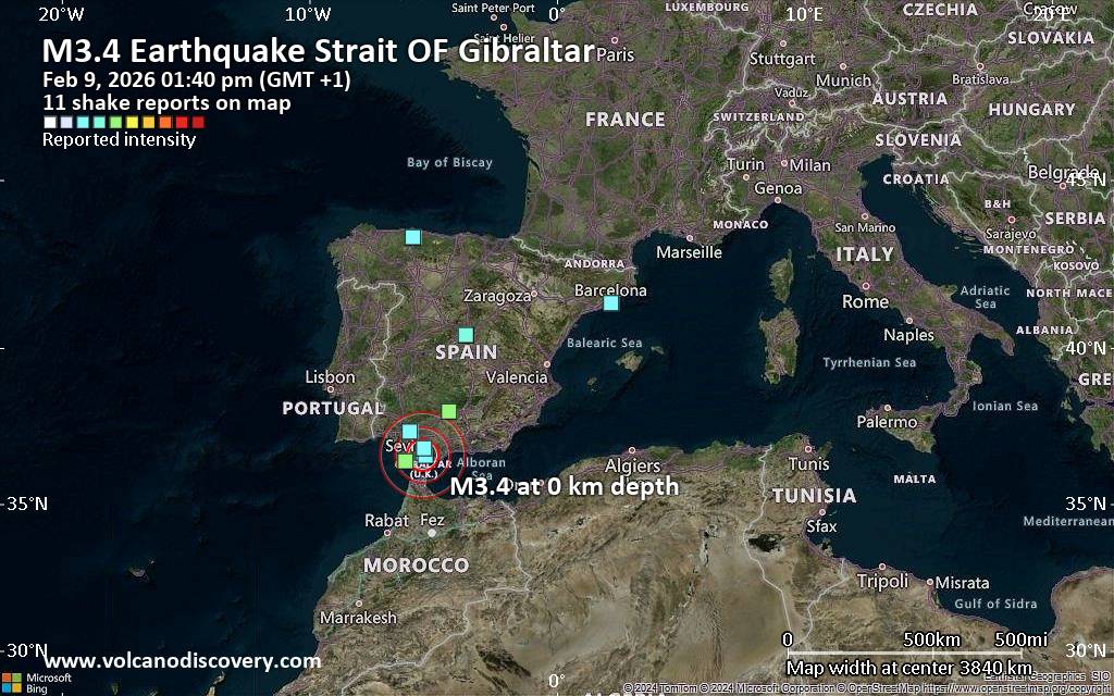 Light Mag. 3.4 Earthquake - Strait OF Gibraltar on Monday, Feb 9, 2026 ...