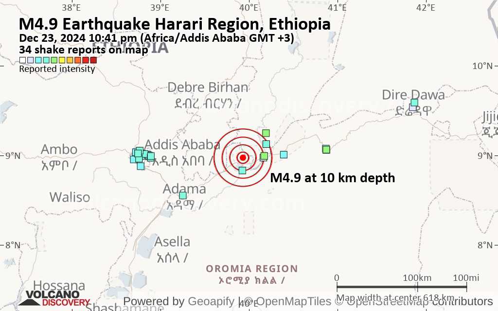 Moderate Mag. 4.9 Earthquake - Harari, 13 km Northeast of Metehara ...