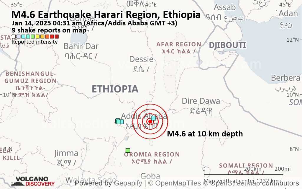 Moderate Mag. 4.6 Earthquake - 7 km ESE of Metahāra, Ethiopia, on ...