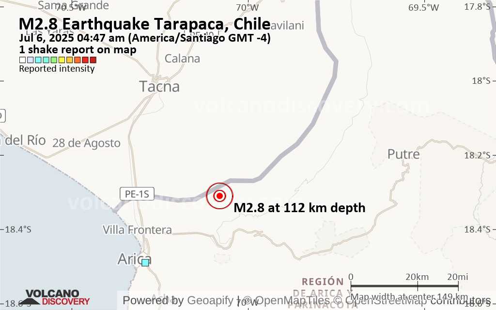 Weak Mag. 2.8 Earthquake - Tarapaca, Chile, on Sunday, Jul 6, 2025, at ...
