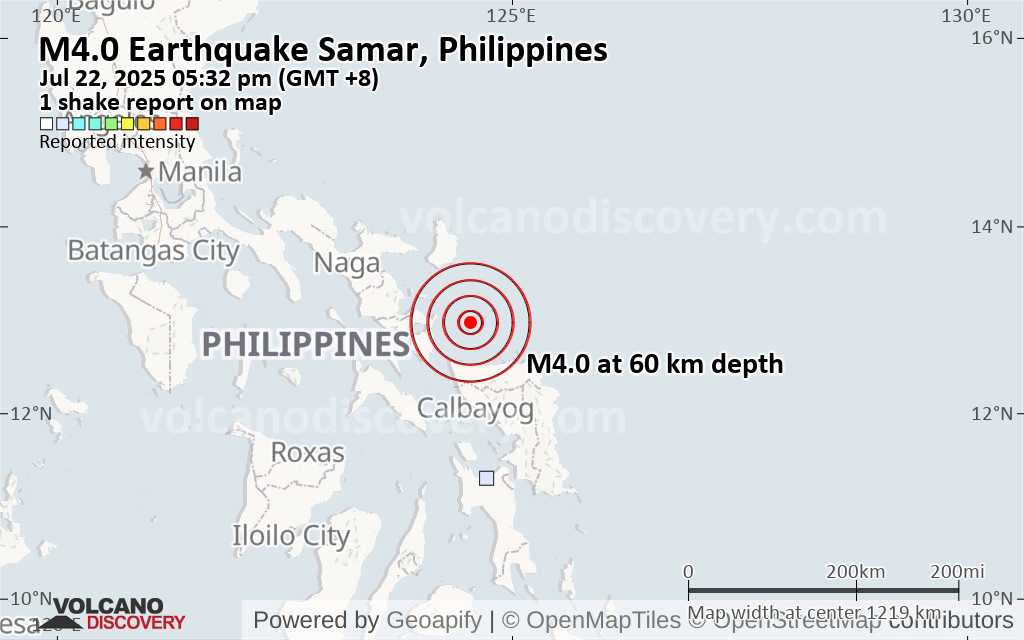 Moderate Mag. 4.0 Earthquake - Philippine Sea, 53 km North of Catarman ...