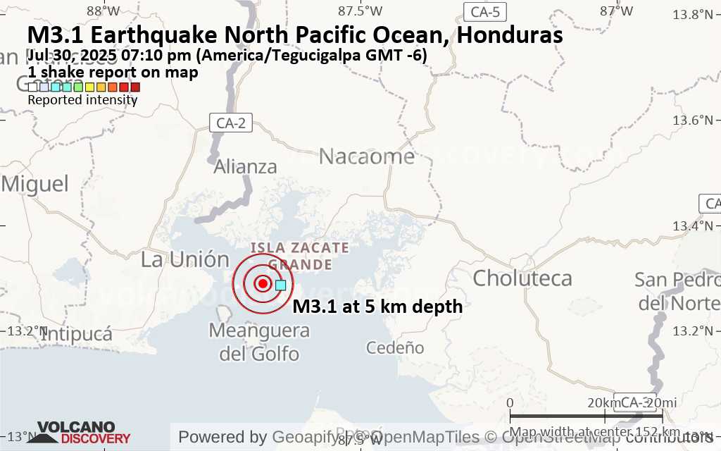 Light Mag. 3.1 Earthquake - 4 km Al Oeste De Amapala, Honduras, on ...