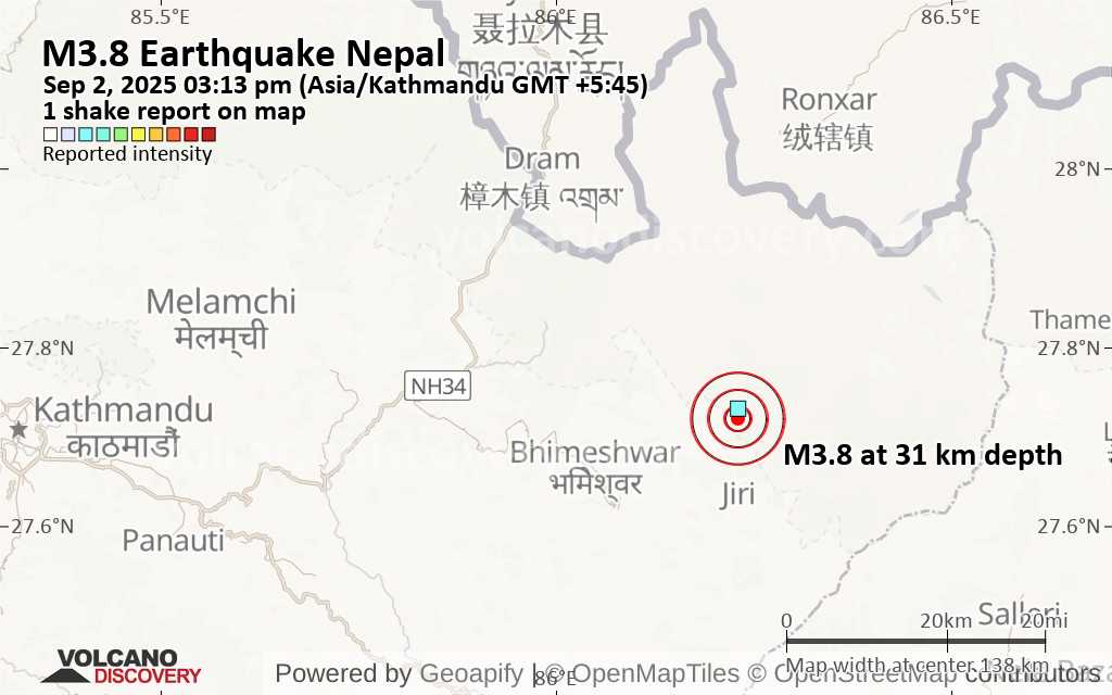 Light Mag. 3.8 Earthquake - Nepal on Tuesday, Sep 2, 2025, at 03:13 pm ...