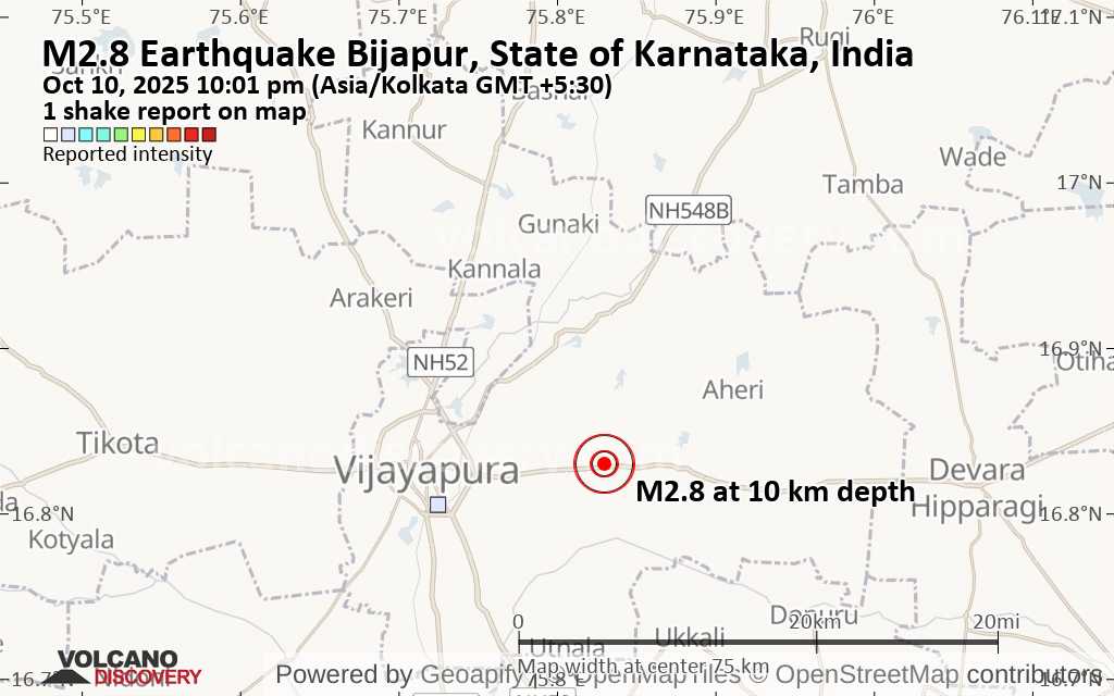 Weak Mag. 2.8 Earthquake - 12 km East of Bijapur, Bijapur, State of ...