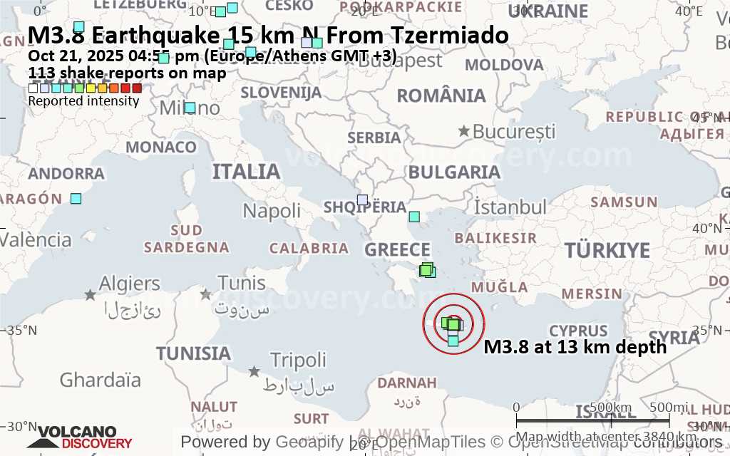 Light Mag. 3.8 Earthquake - 15 km N From Tzermiado on Tuesday, Oct 21 ...