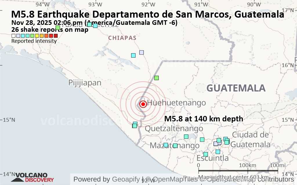 Strong Mag. 5.8 Earthquake - Departamento de San Marcos, 68 km West of ...
