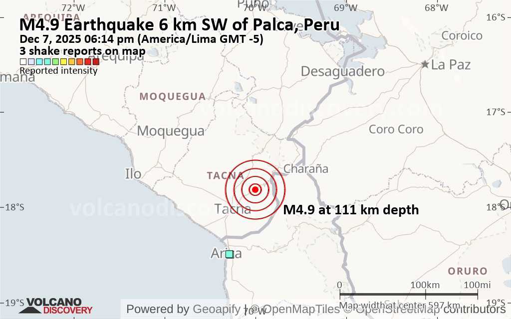 Moderate Mag. 4.9 Earthquake - 6 km SW of Palca, Peru, on Sunday, Dec 7 ...