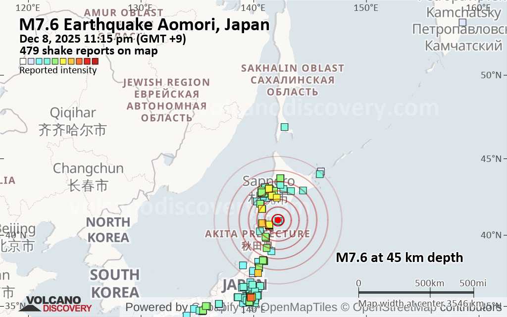 Major Magnitude 7.6 Earthquake - Aomori, 327 km North of Sendai, Miyagi ...