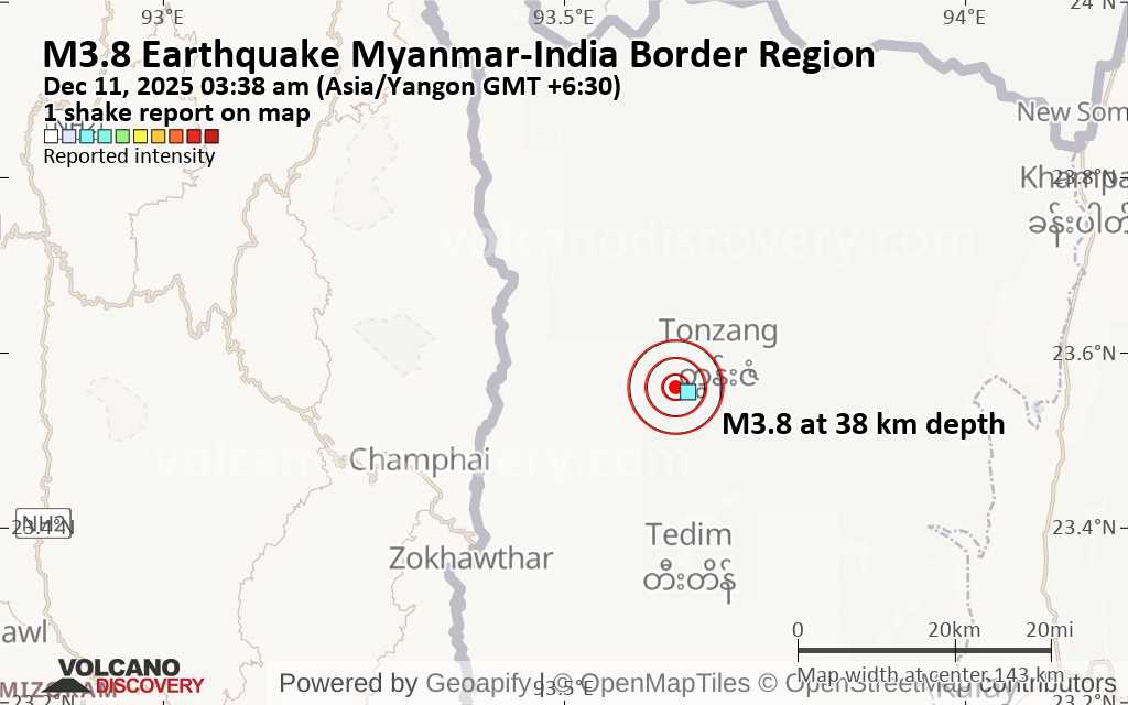 Leichtes Erdbeben der Stärke 3.8 - Myanmar-India Border Region am ...