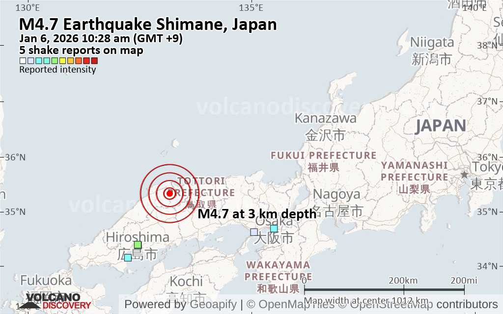 Moderate Mag. 4.7 Earthquake - 20 km Southeast of Matsue, Shimane ...