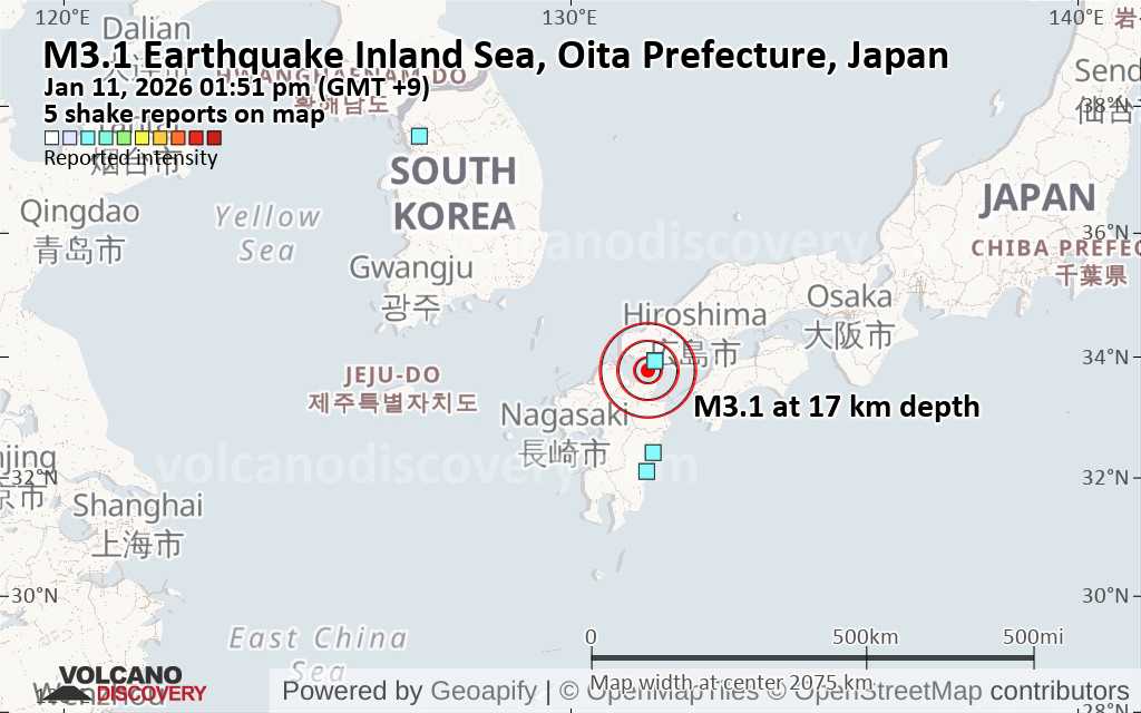 Light Mag. 3.1 Earthquake - Inland Sea, 36 km Northeast of Nakatsu ...