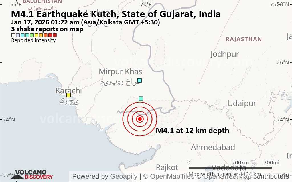Moderate Mag. 4.1 Earthquake - Kutch, State of Gujarat, India, on ...