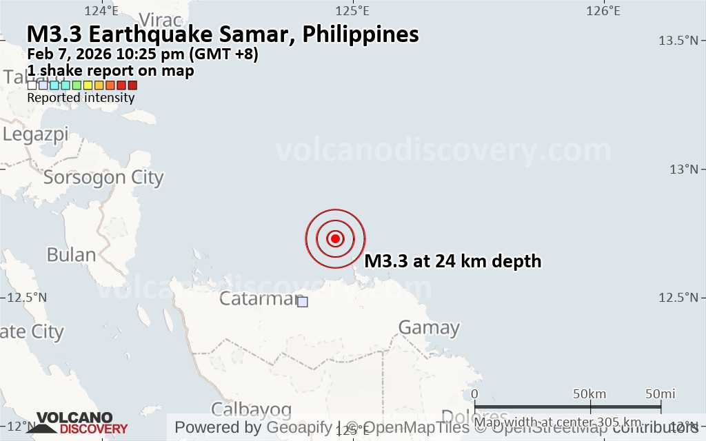 Light Mag. 3.3 Earthquake - Samar, Philippines, on Saturday, Feb 7 ...