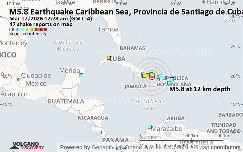 Strong Mag. 5.8 Earthquake - 49 km SSW of Maisí, Cuba, on Tuesday, Mar ...