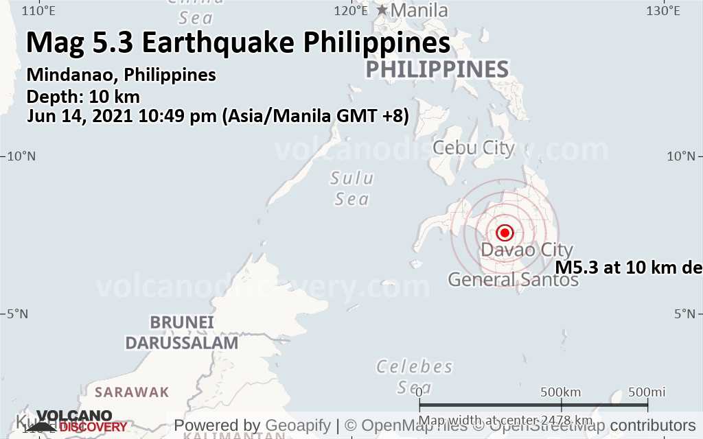 Tremblement de terre fort magnitude 5.3 - 23 km au sud-ouest de Maramag ...