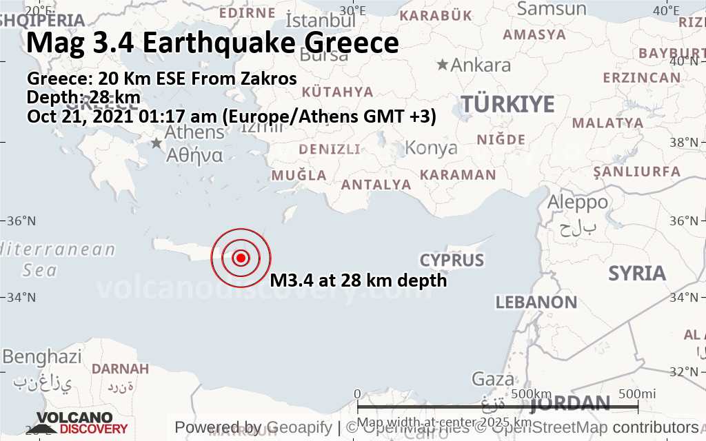 Light Mag. 3.4 Earthquake - Greece: 20 Km ESE From Zakros on Thursday ...