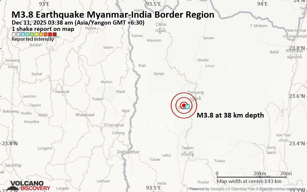 Leichtes Erdbeben der Stärke 3.8 - Myanmar-India Border Region am ...