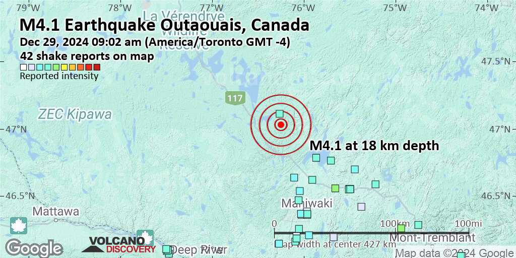 Light Mag. 3.7 Earthquake - 71 km NNW of Maniwaki, QC, on Sunday, Dec ...