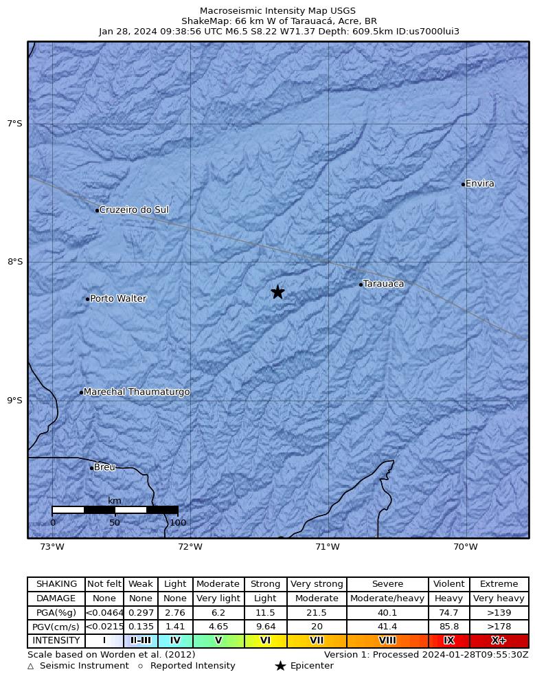 Very Strong Mag. 6.5 Earthquake - 70 km W of Tarauacá, Brazil, on ...