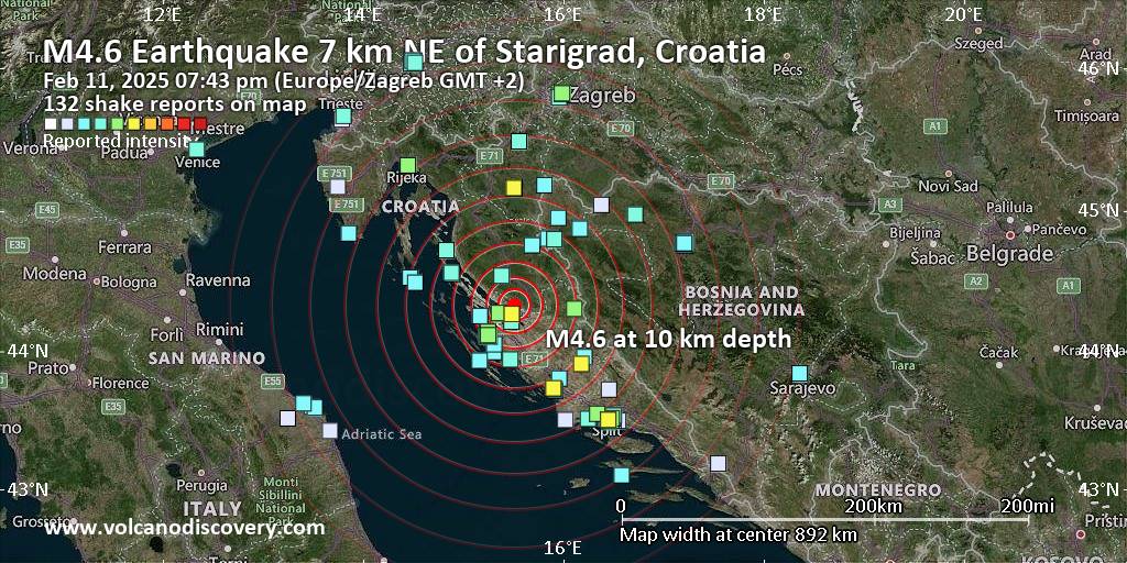 Moderate Mag. 4.6 Earthquake - 7 km NE of Starigrad, Croatia, on ...