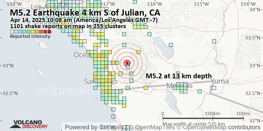 Strong Mag. 5.2 Earthquake - 5 km S of Julian, CA, on Monday, Apr 14 ...