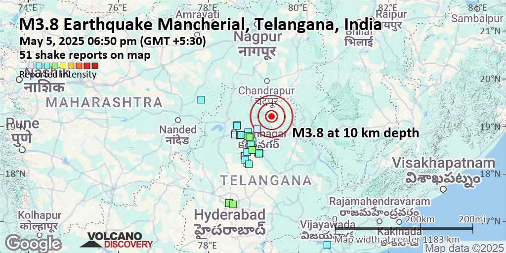 Light Mag. 3.8 Earthquake - 19 km Northwest of Bellampalli, Mancherial ...